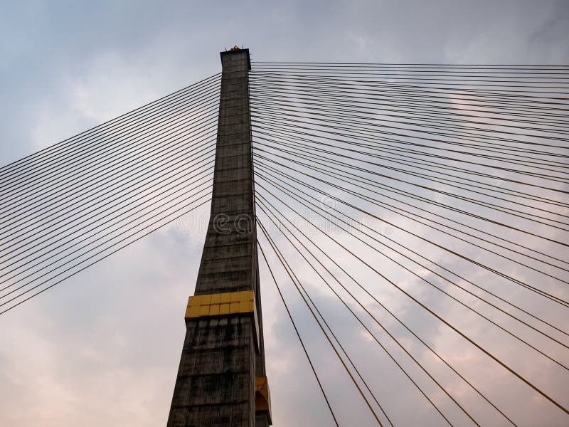 A Towering Concrete Pylon of a Cable-stayed Bridge, with Cables ...