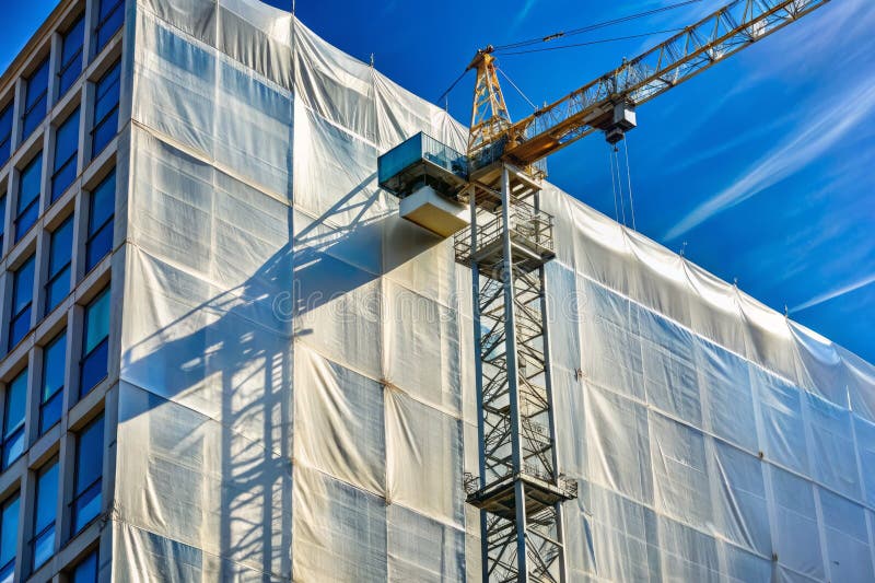 Construction Crane Shadow Casts Long Reflection on a Building Encased ...