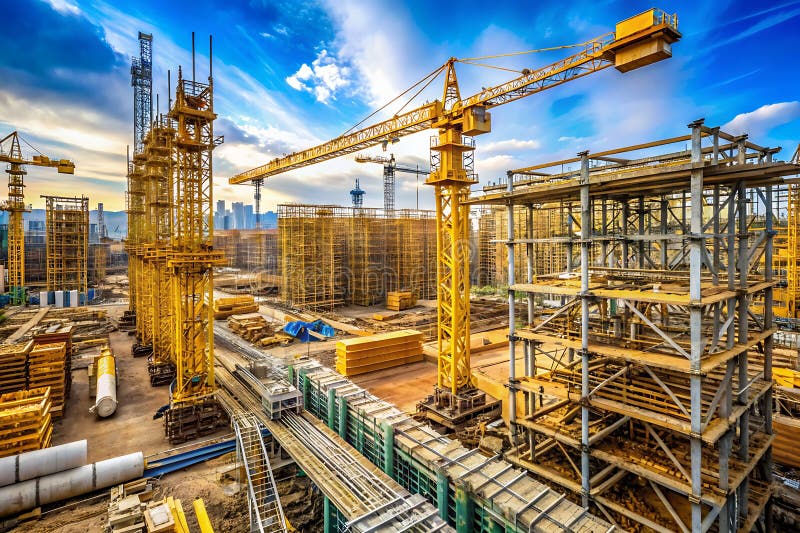 Towering Cranes and Raw Materials Define a Thriving Construction Site ...