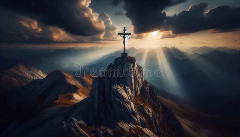A Towering Crucifix at the Highest Point of a Mountain, Sunrays ...