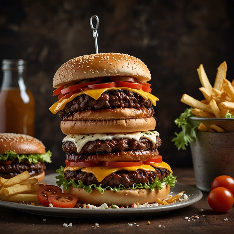 A Towering Delicious Triple Decker Burger with a Variety of Toppings ...