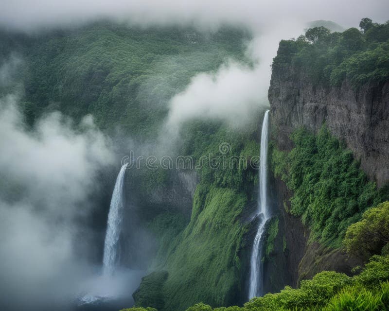 Towering Falls in a Verdant Landscape Stock Illustration - Illustration ...