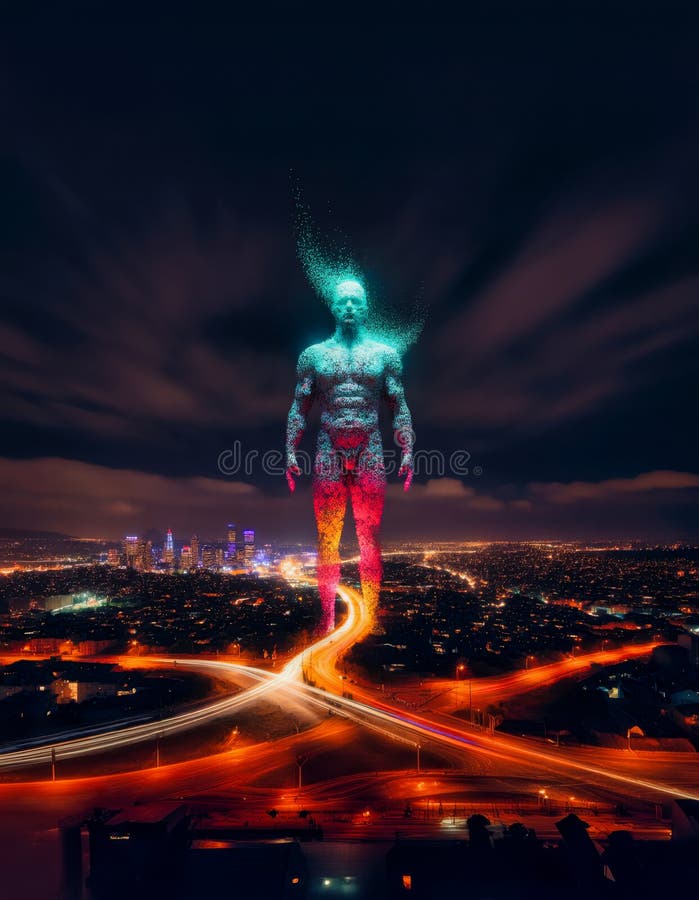 Towering Figure Composed of Shifting, Luminous Particles, Both Solid ...