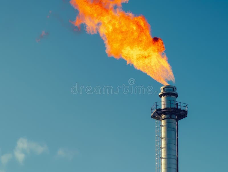 Industrial Flare Stack Burning Gas Against Blue Sky Stock Photo - Image ...