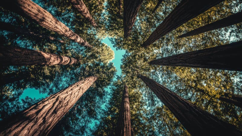 Towering Giants, Low Angle View Redwood Forest Canopy with Sunlight ...
