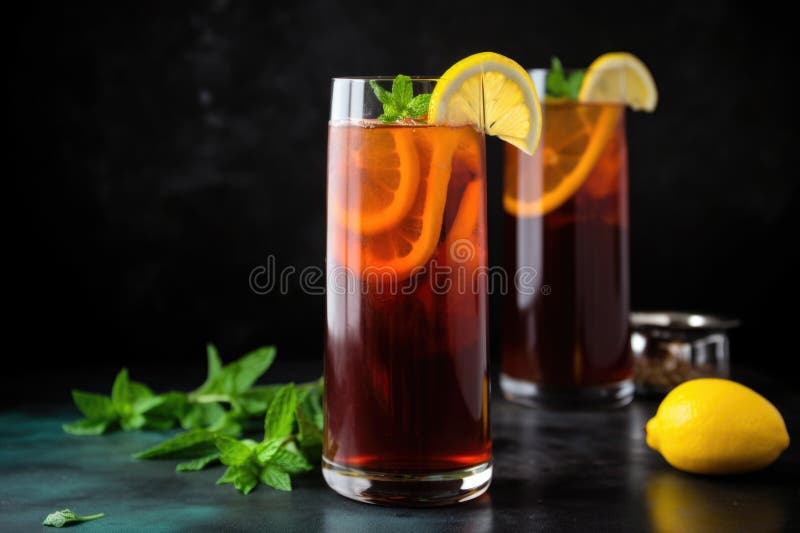 Towering Glass of Iced Tea with Mint and Lemon Wedge Garnish Stock ...