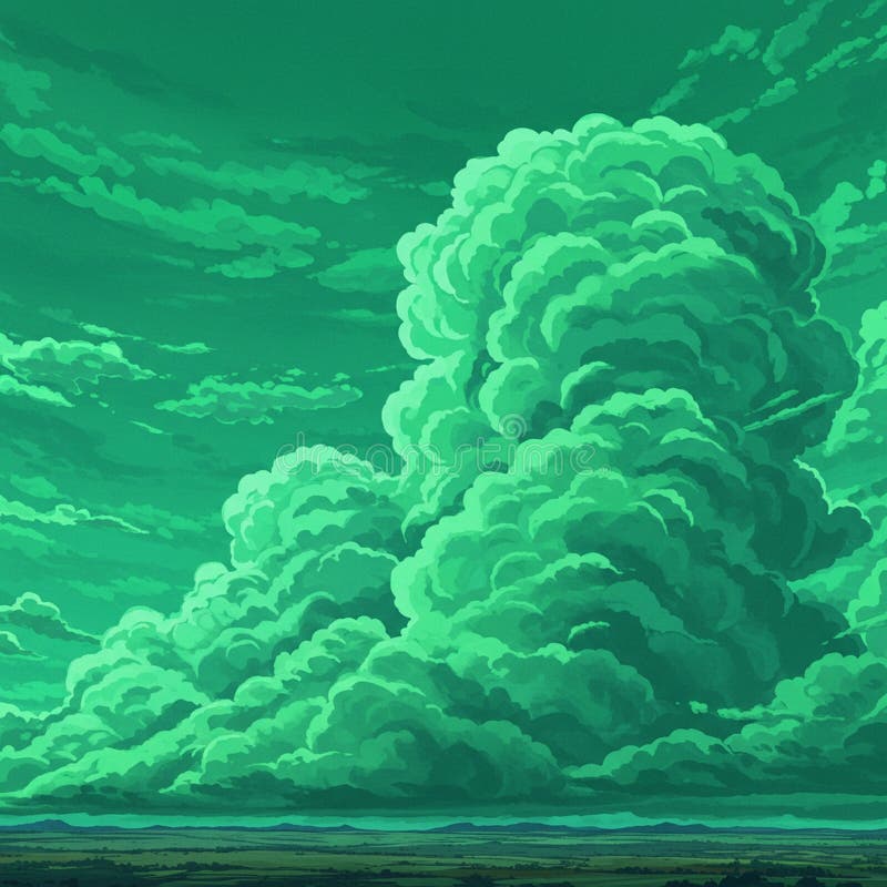 Towering Green Clouds Over Flat Landscape Generates a Peaceful ...