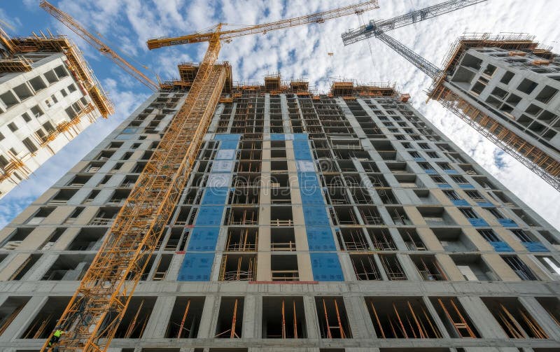 Towering High-rise Building Under Construction with Multiple Cranes ...