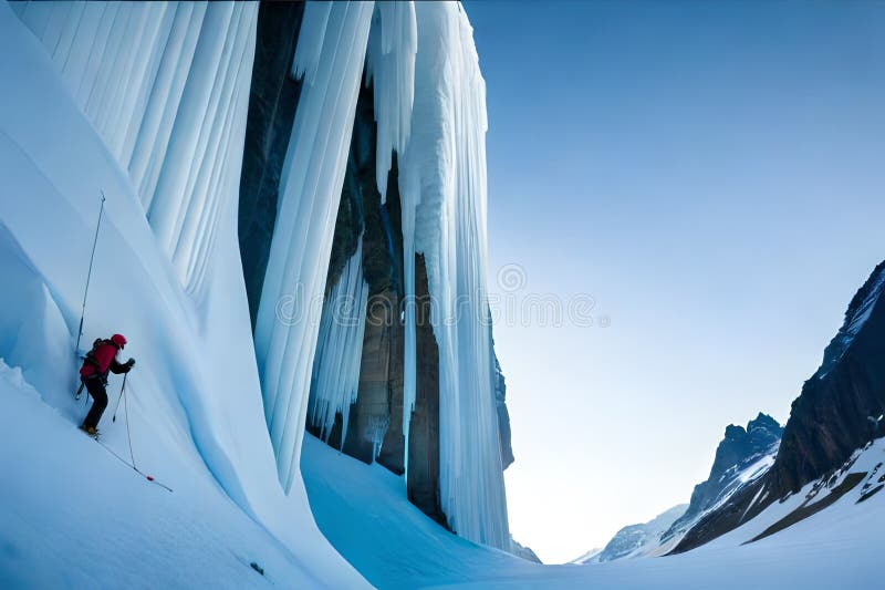 A Towering Icefall with Climbers Navigating Intricate Frozen Features ...