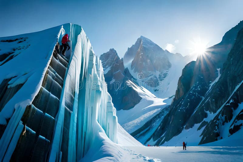 A Towering Icefall with Climbers Navigating Intricate Frozen Features ...