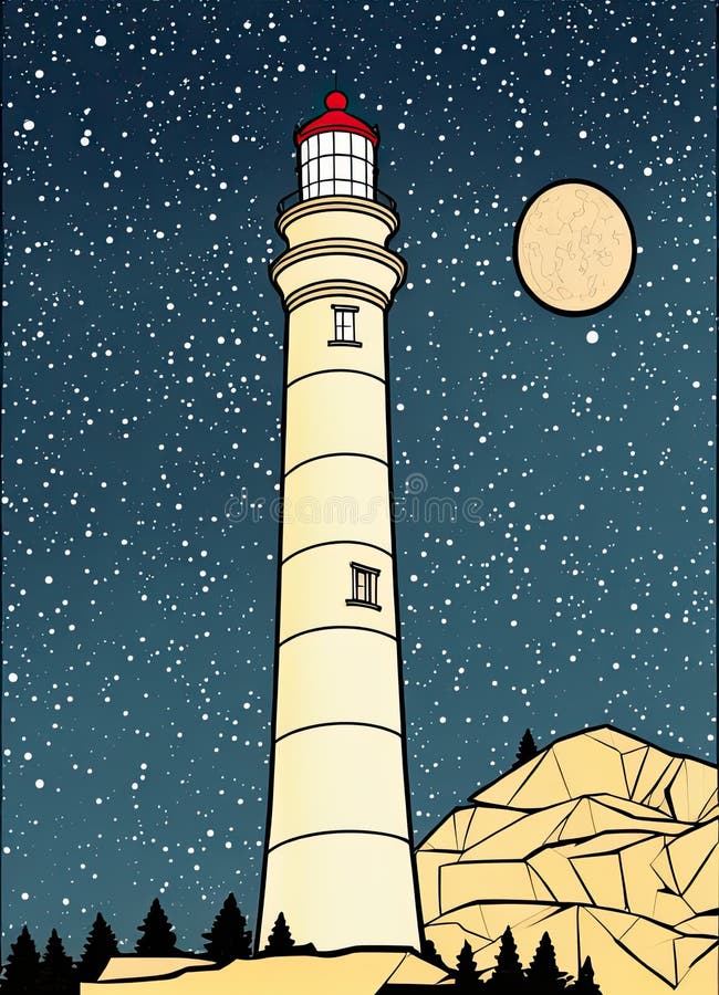 Towering Lighthouse with Moon and Starry Sky Vector Art Stock ...
