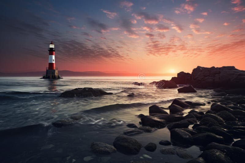 Towering Lighthouse Overlooking Calm Ocean Waves Stock Illustration ...