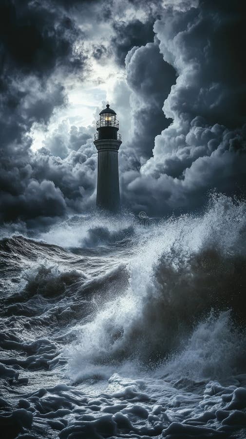 Towering Lighthouse in Rough Ocean during a Storm Stock Image - Image ...