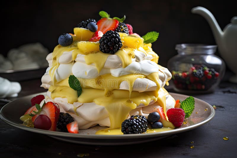 Towering Meringue Dessert with Fresh Fruit and Custard Sauce Stock ...