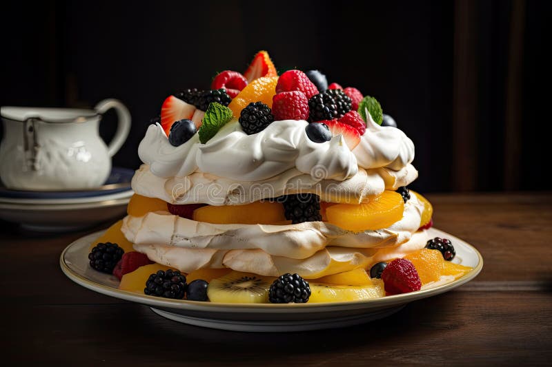 Towering Meringue Dessert with Layers of Fruit and Cream Stock ...