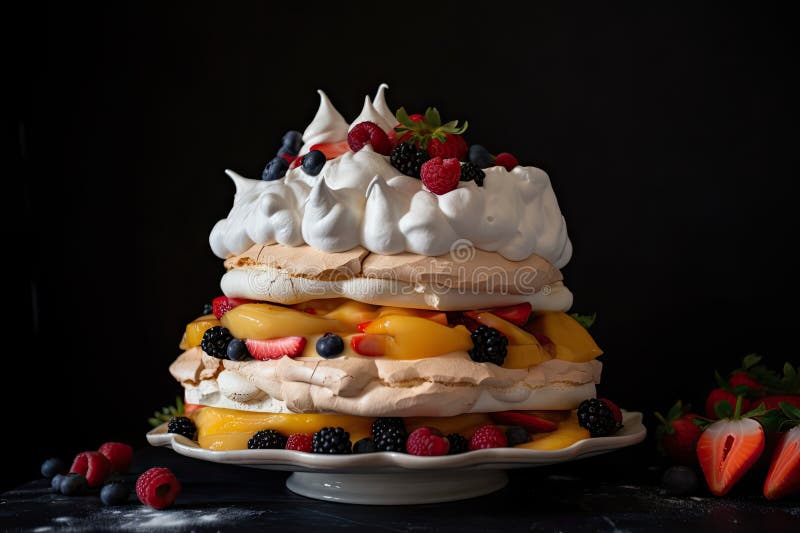 Towering Meringue Dessert with Layers of Fruit and Whipped Cream Stock ...