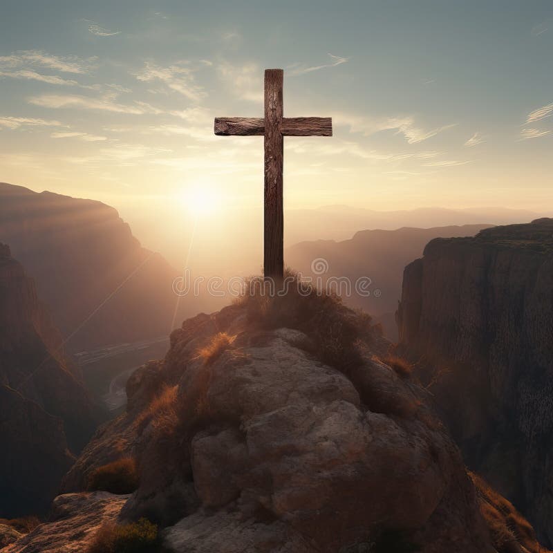 Towering Metal Cross on Sheer Cliff Face at Sunset AI Generated Stock ...