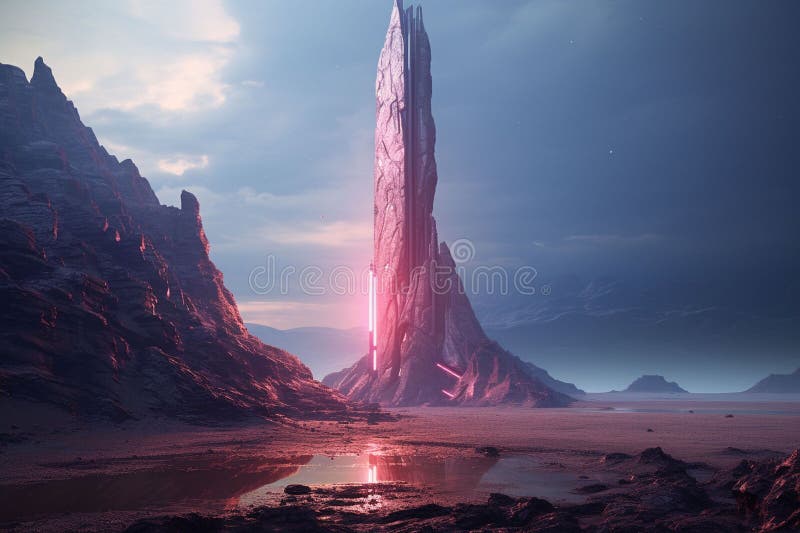 Towering Monolith Dominating a Surreal and Stock Illustration - Illustration of lake, mountains ...