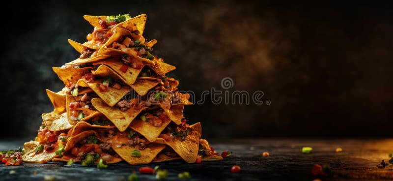 Towering Nacho Stack with Fresh Toppings and Melted Cheese on Dark ...