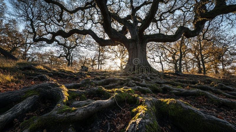 Majestic Oak Tree with Intricate Roots in a Sunlit Forest at Dusk ...