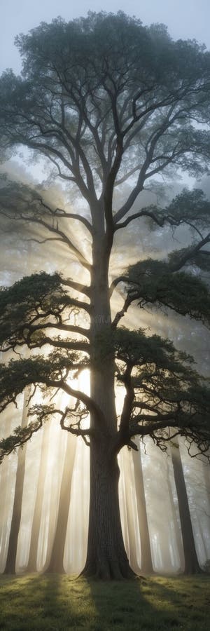 Towering Oak Tree in a Misty Forest with Rays of Sunlight Piercing ...