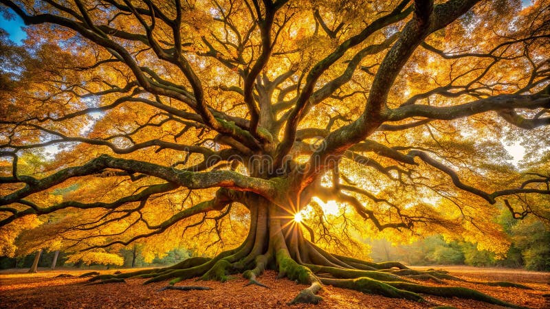 A Towering Oak Tree with Sprawling Roots Surrounded by Golden Leaves ...