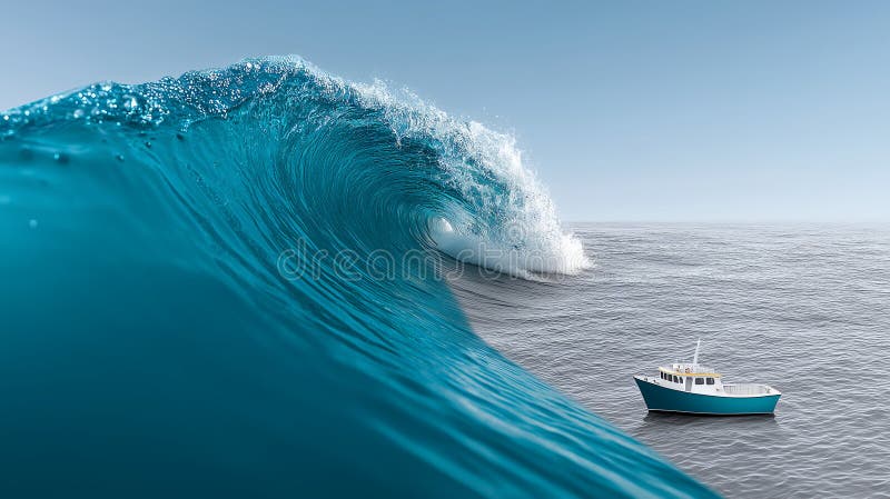 Towering Ocean Wave Curls Dramatically Towards a Small Boat on the ...