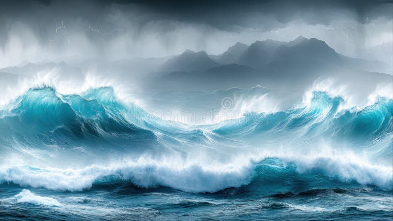 Towering Ocean Waves Crash Under a Stormy Sky, with Lightning ...