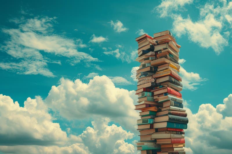 Towering Pile of Books Against Blue Sky Stock Photo - Image of blue ...