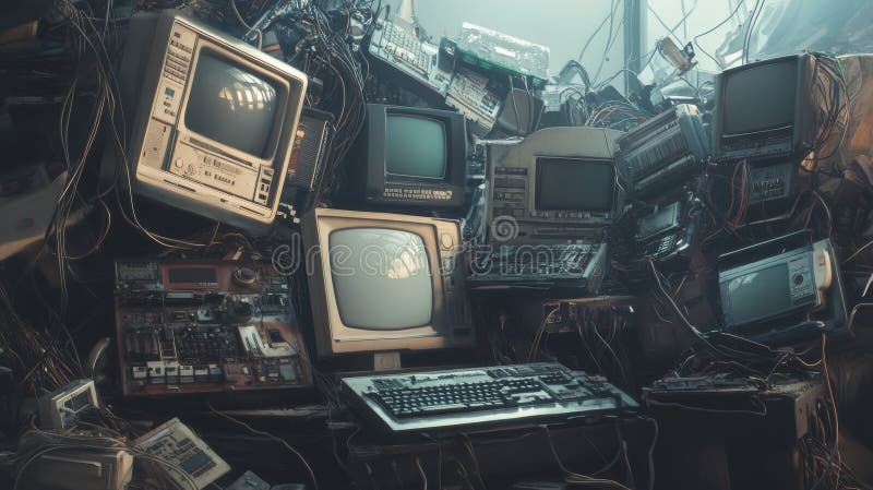 Towering Pile of Retro Technology with Vintage Monitors and Hardware ...