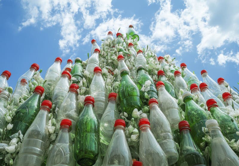 Plastic Bottle Pyramid Adorned with White Blossoms Under a Blue Sky ...
