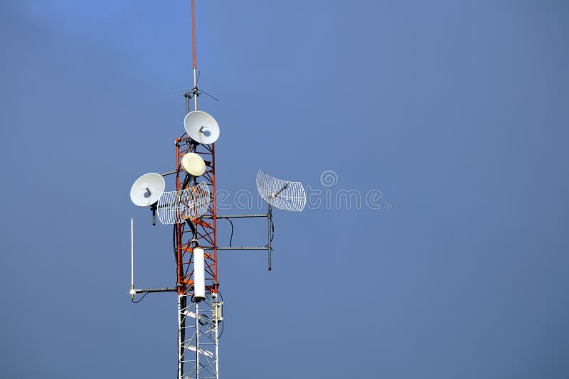 Radio Antenna Tower Against Blue Sky Stock Photo - Image of satellite ...