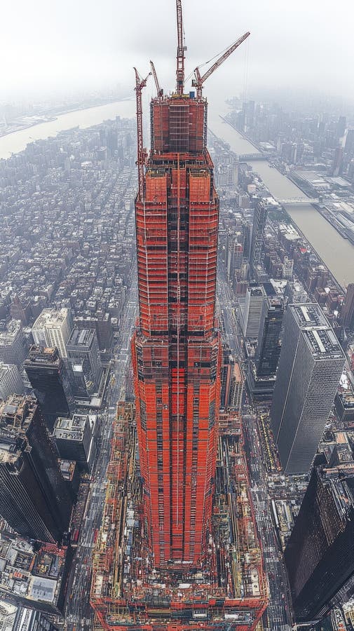 Towering Red Skyscraper Construction in New York City with Multiple ...