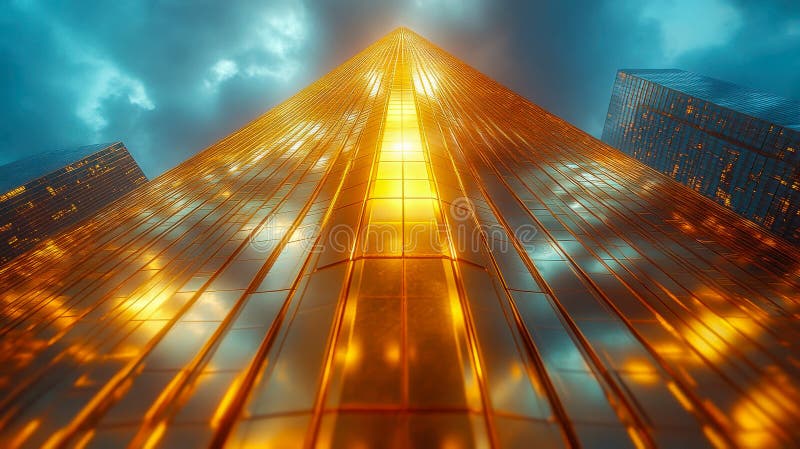 A Towering, Reflective Golden Skyscraper Ascending into the Clouds ...