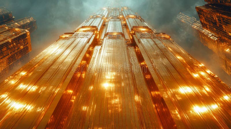 A Towering, Reflective Golden Skyscraper Ascending into the Clouds ...