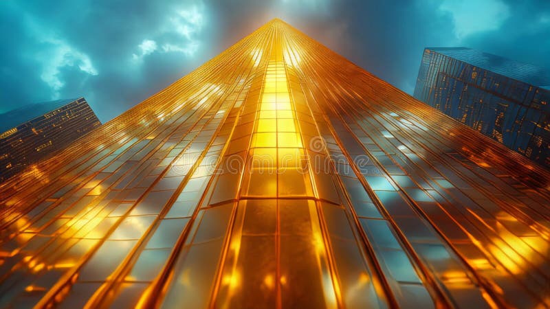 A Towering, Reflective Golden Skyscraper Ascending into the Clouds ...