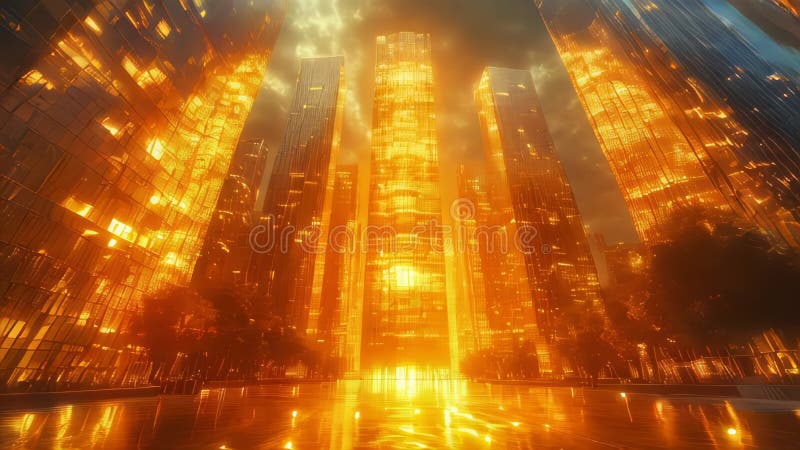 A Towering, Reflective Golden Skyscraper Ascending into the Clouds ...