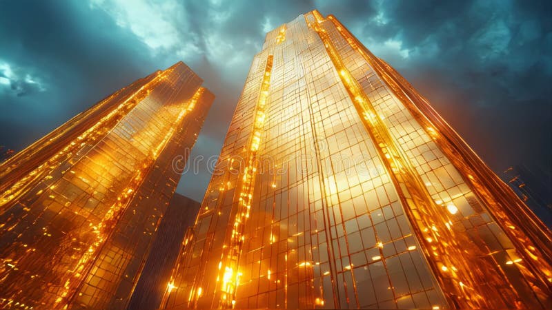 A Towering, Reflective Golden Skyscraper Ascending into the Clouds ...