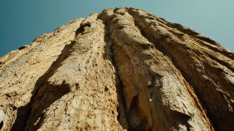 A Towering Rock Formation Displays Textured Layers and Deep Fissures ...