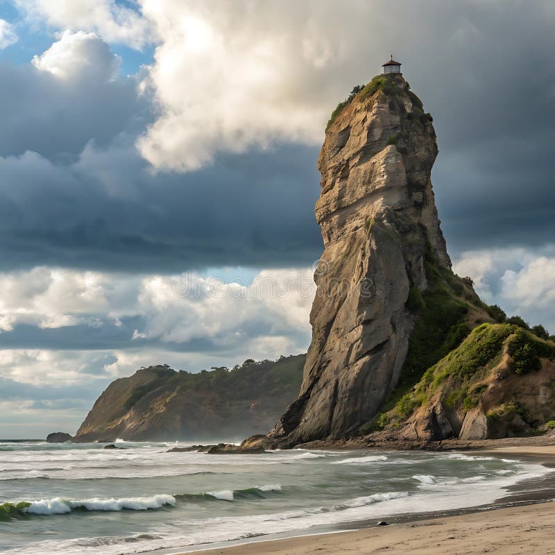 Dramatic Rock Formation with Lighthouse by Ocean Under Brooding Skies ...