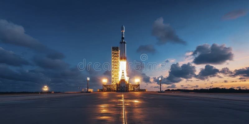 Rocket Poised for Launch at Twilight, Illuminating the Launch Pad with ...