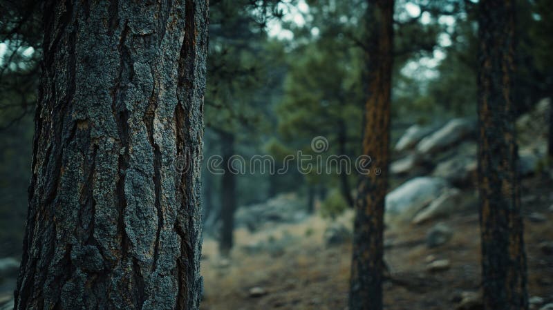 Towering Rugged Pine Trees in a Serene Forest Landscape Stock ...