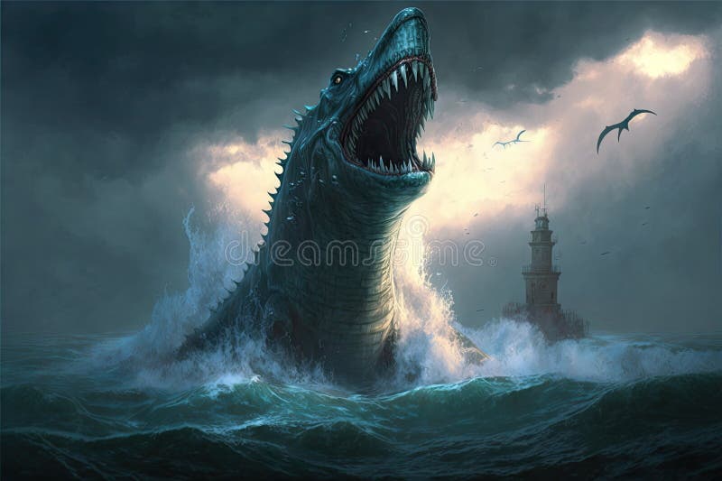 A Towering Sea Monster that Rises from the Depths, Its Jaws and Claws ...