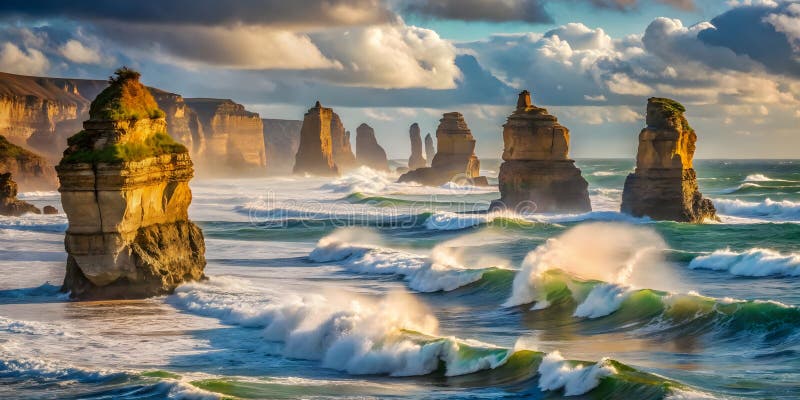 Towering Sea Stacks Surrounded by Rolling Waves Stock Illustration ...