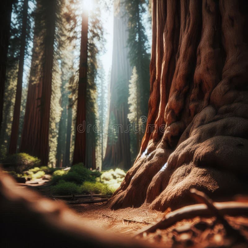 Towering Sequoia Tree with Sunlight Filtering through a Misty Forest ...