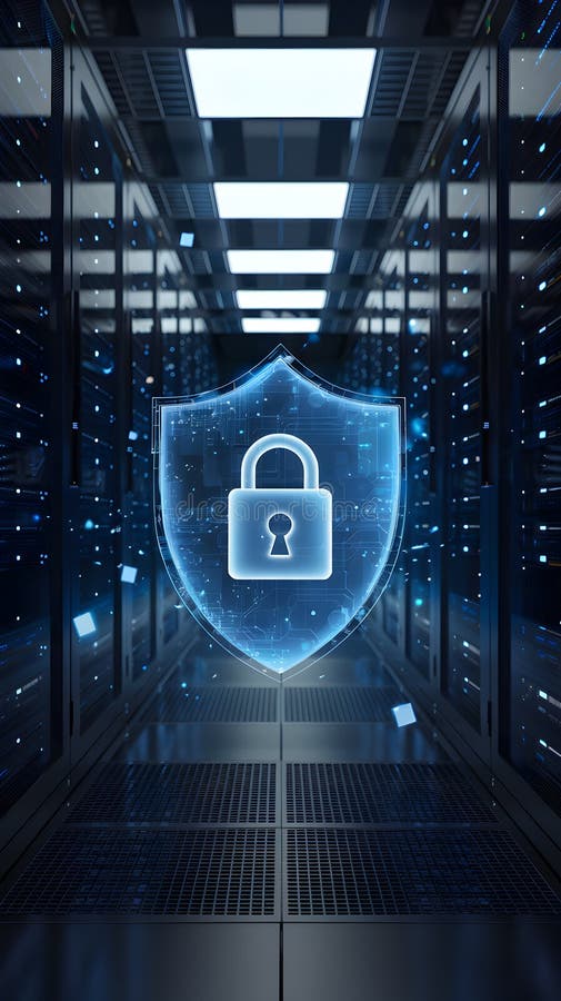 Towering Server Racks Glowing Blue, Representing Cybersecurity in a ...