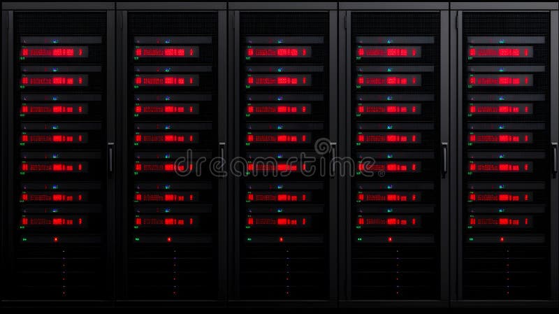 Towering Server Racks Illuminated with Bright Red Indicators for High ...