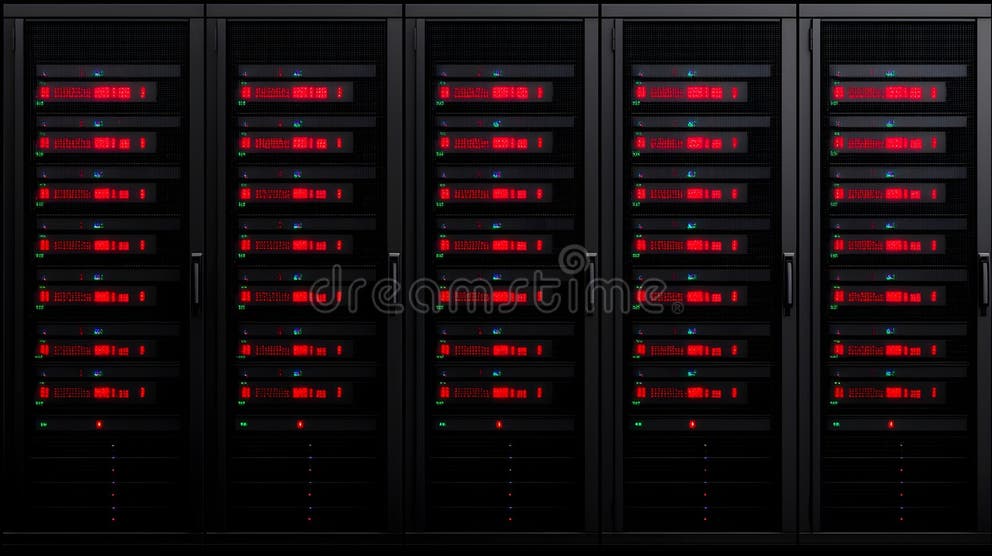 Towering Server Racks Illuminated with Bright Red Indicators for High ...
