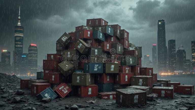 Towering Shipping Containers Amidst Rainy Skyline and Dark Clouds Stock ...