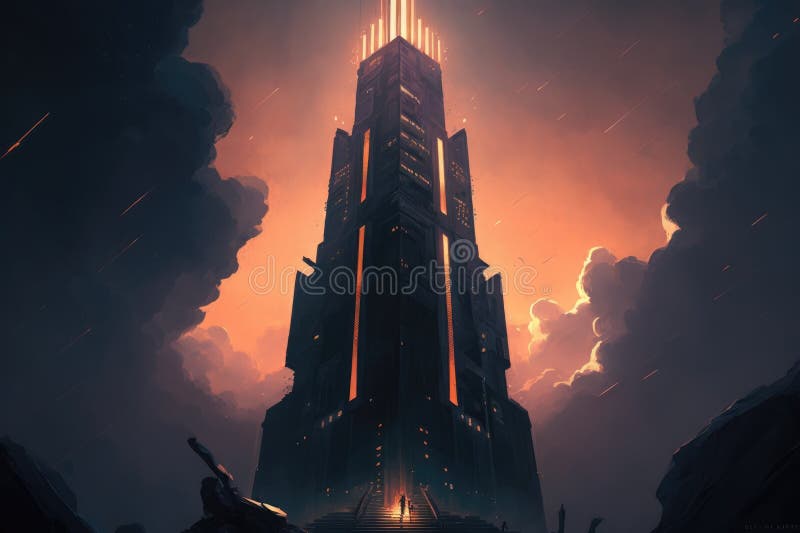Towering Skyscraper with a Glowing Logo at the Top Digital Art Poster ...